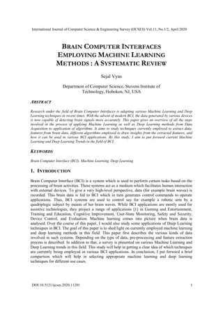 BRAIN COMPUTER INTERFACES EMPLOYING MACHINE LEARNING METHODS : A SYSTEMATIC REVIEW | PDF