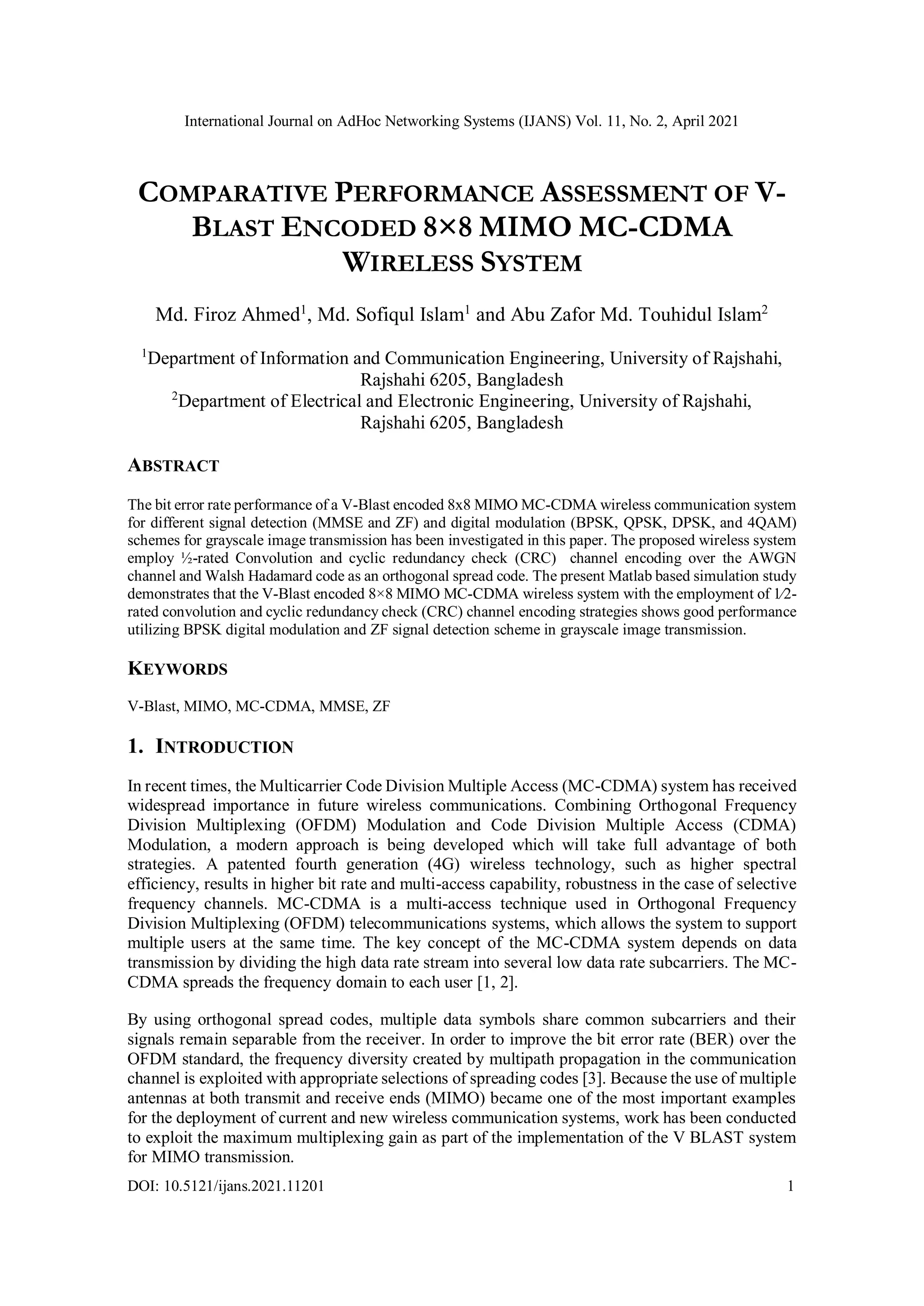Comparative Performance Assessment of V-Blast Encoded 8×8 MIMO MC-CDMA Wireless System | PDF