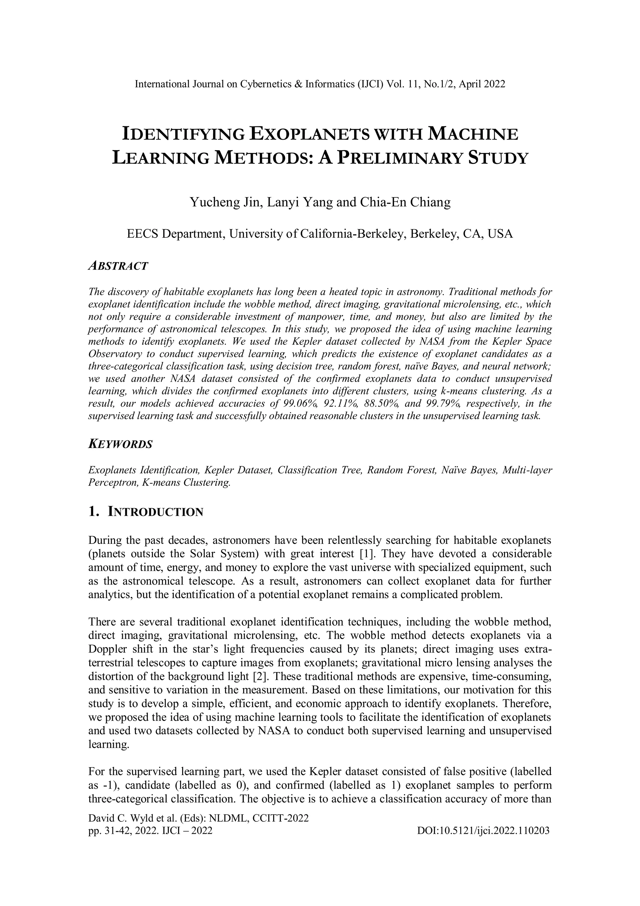 Identifying Exoplanets with Machine Learning Methods: A Preliminary ...