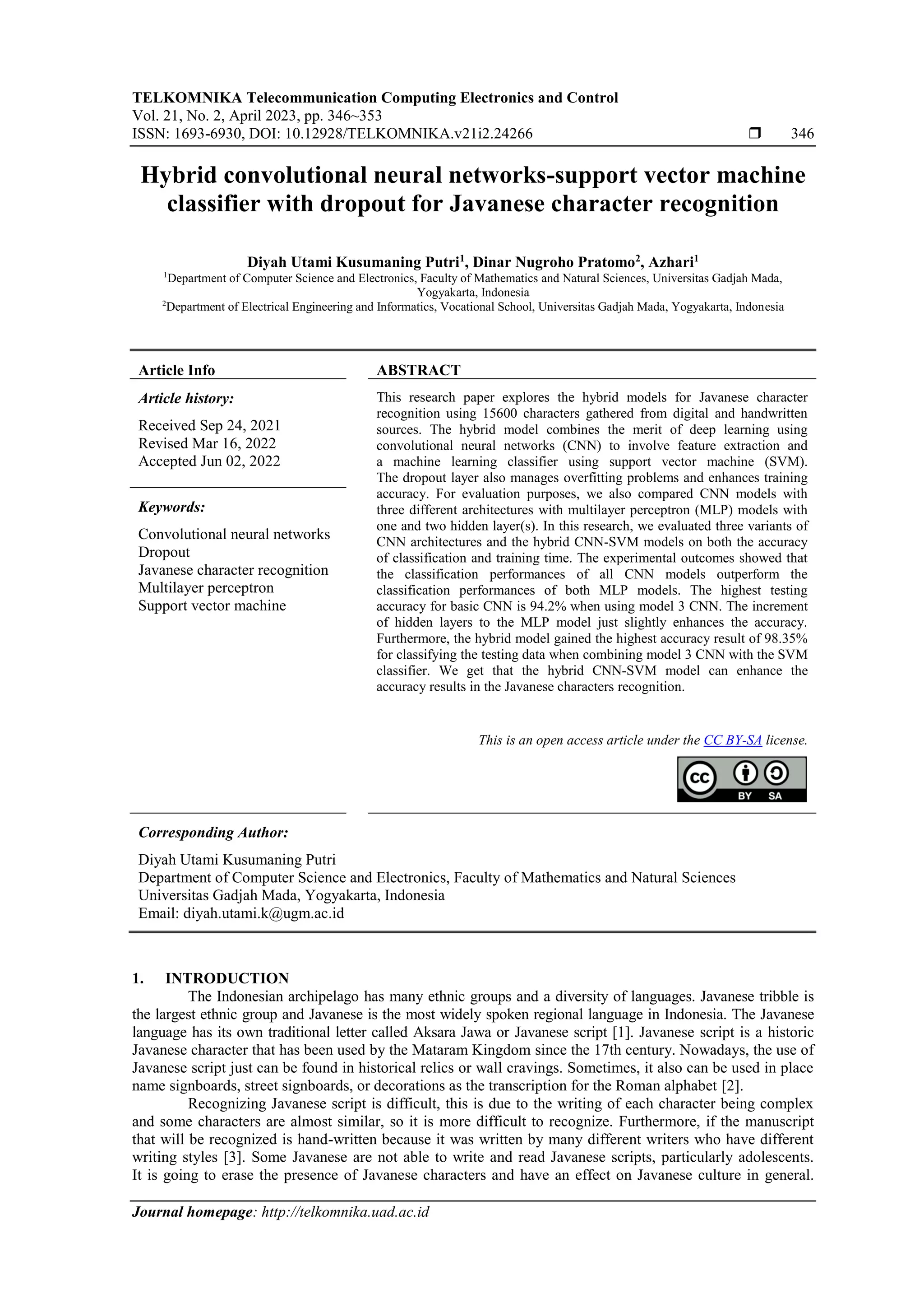 Hybrid Convolutional Neural Networks Support Vector Machine Classifier With Dropout For Javanese