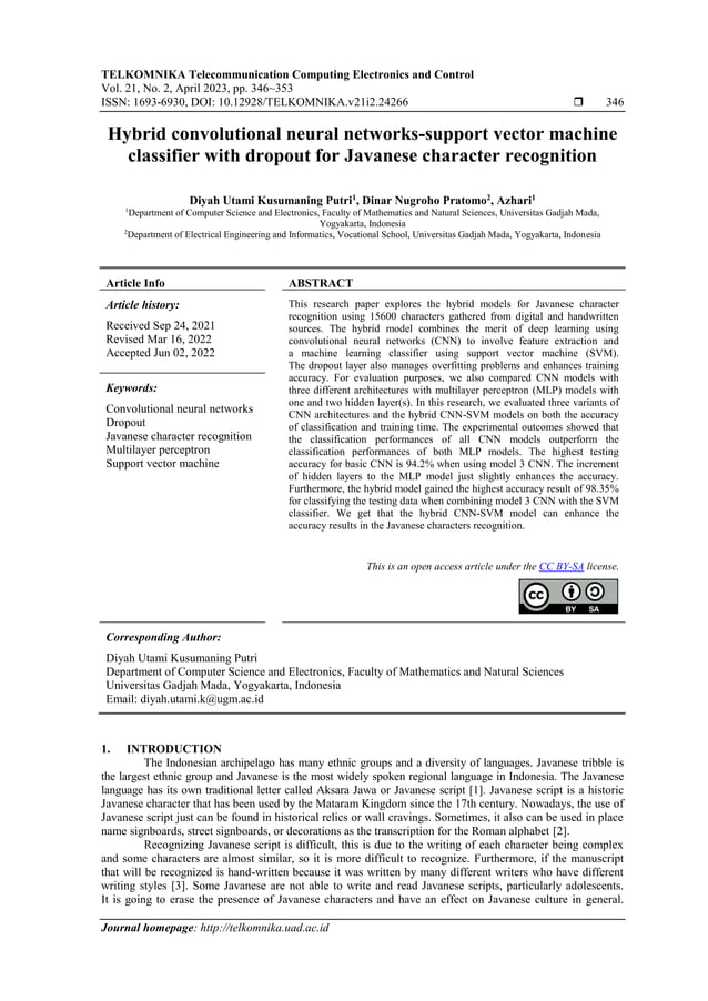 Hybrid convolutional neural networks-support vector machine classifier with dropout for Javanese ...