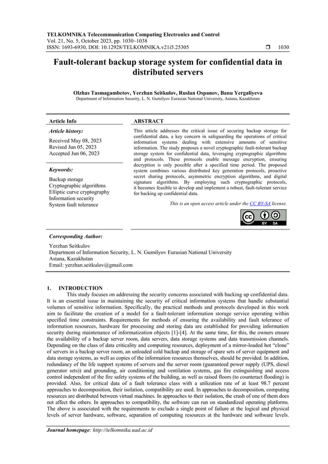 Fault-tolerant backup storage system for confidential data in distributed servers | PDF