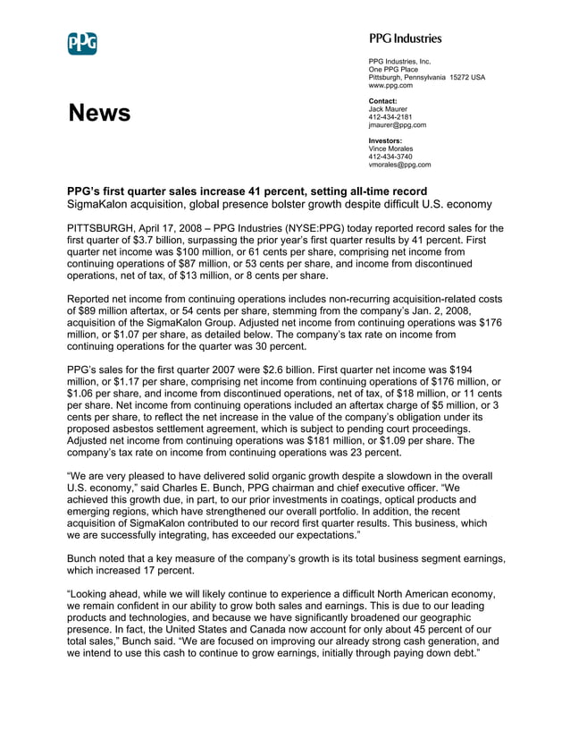 ppg industries 1Q 08 EARNINGS RELEASE | PDF