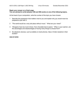 GCE O LEVEL EXAMINATIONS 2015 1128 Paper 1 Writing | DOC