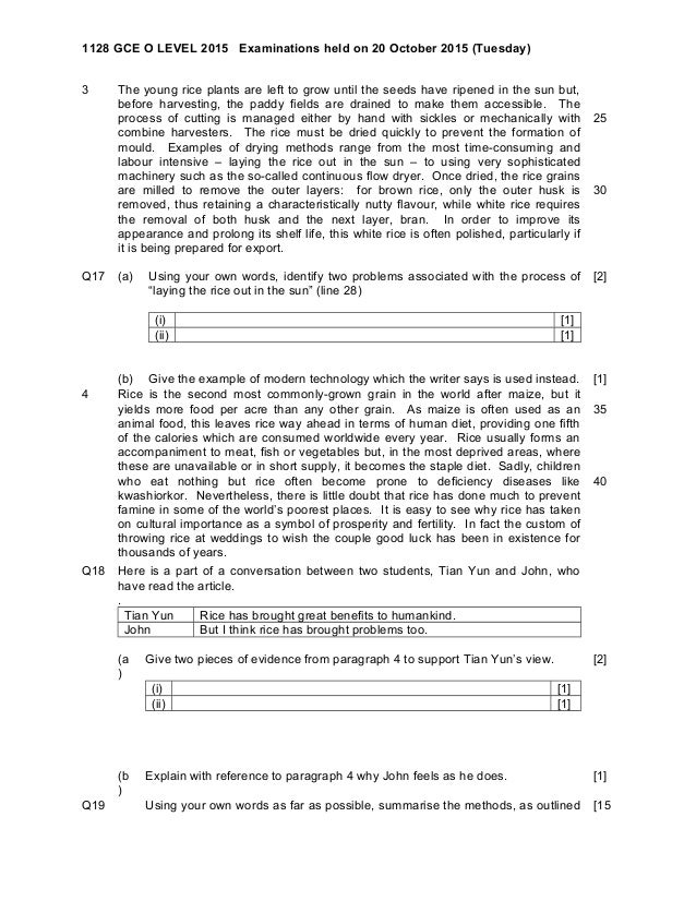 GCE O LEVEL 1128 PAPER 2 inserts and questions 2015