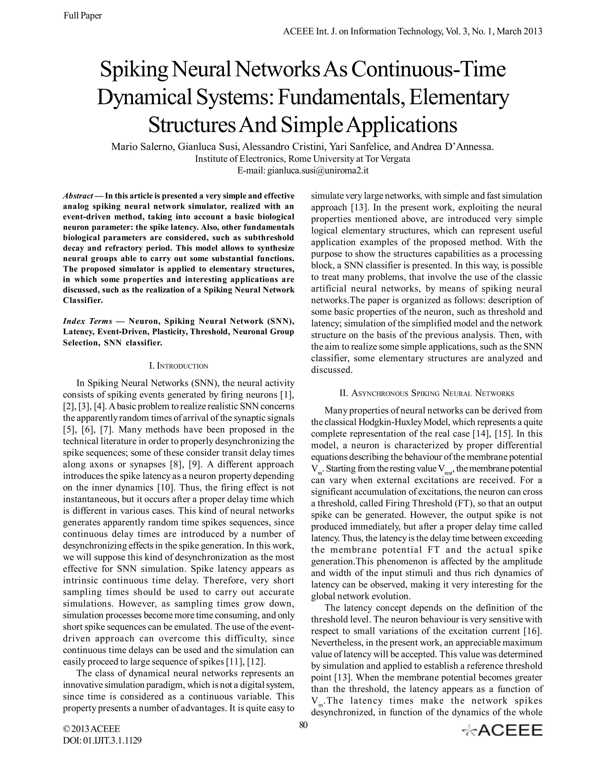 Spiking Neural Networks As Continuous-Time Dynamical Systems: Fundamentals, Elementary ...