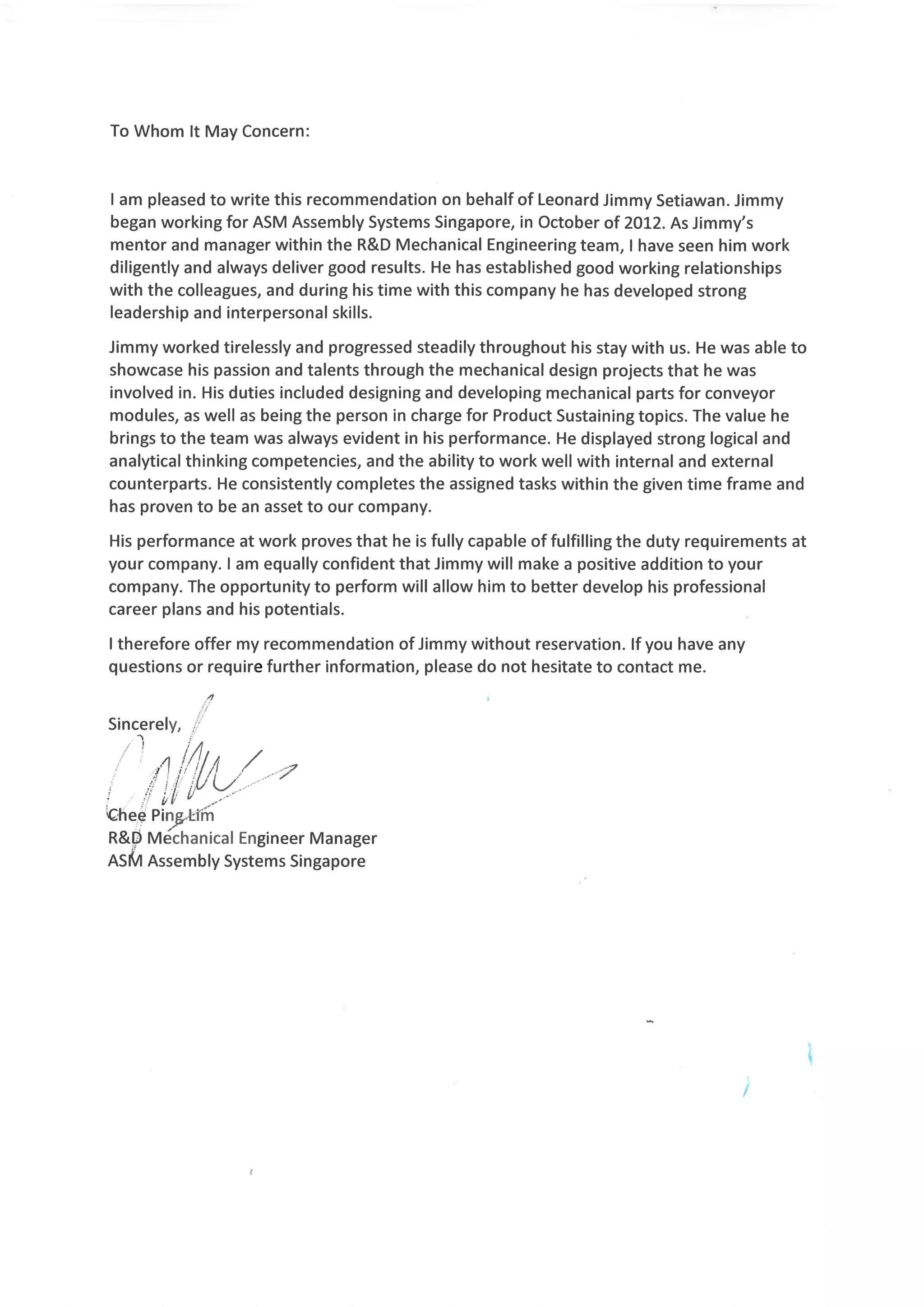 Recommendation letter from Chee Ping Lim | PDF