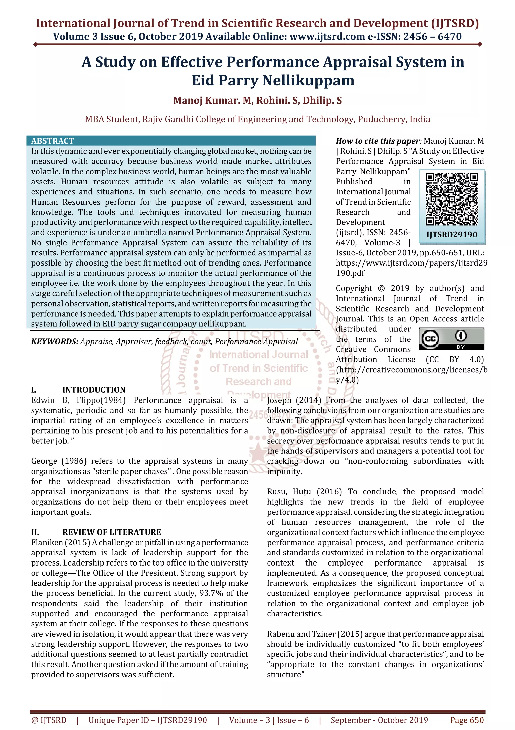 A Study on Effective Performance Appraisal System in Eid Parry ...