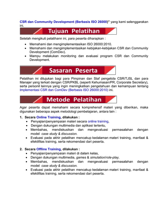 Silabus Training "Implementasi CSR dan SUSTAINABILITY COMMUNITY DEVELOPMEN (based on ISO 26000 ...