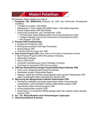 Silabus Training "Implementasi CSR dan SUSTAINABILITY COMMUNITY ...