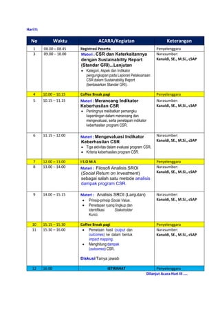 Rundown Acara TRAINING "CSR/TJSL & Community Development (ISO 26000) + Banking Social Products ...