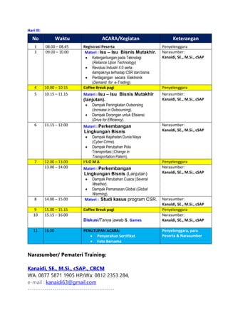 Rundown Acara TRAINING "CSR/TJSL & Community Development (ISO 26000 ...