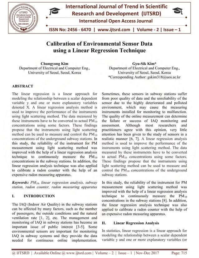 Calibration of Environmental Sensor Data Using a Linear Regression Technique | PDF