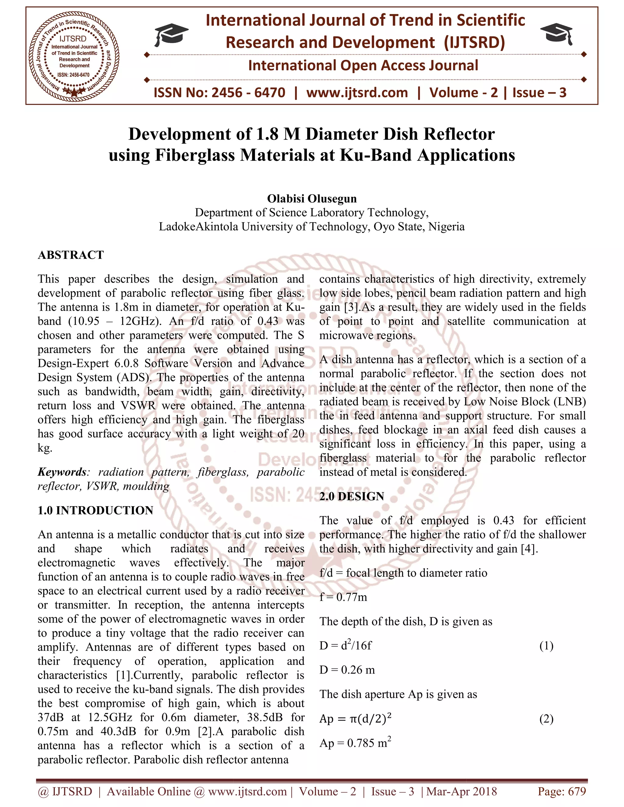 Development of 1.8 M Diameter Dish Reflector using Fiberglass Materials ...