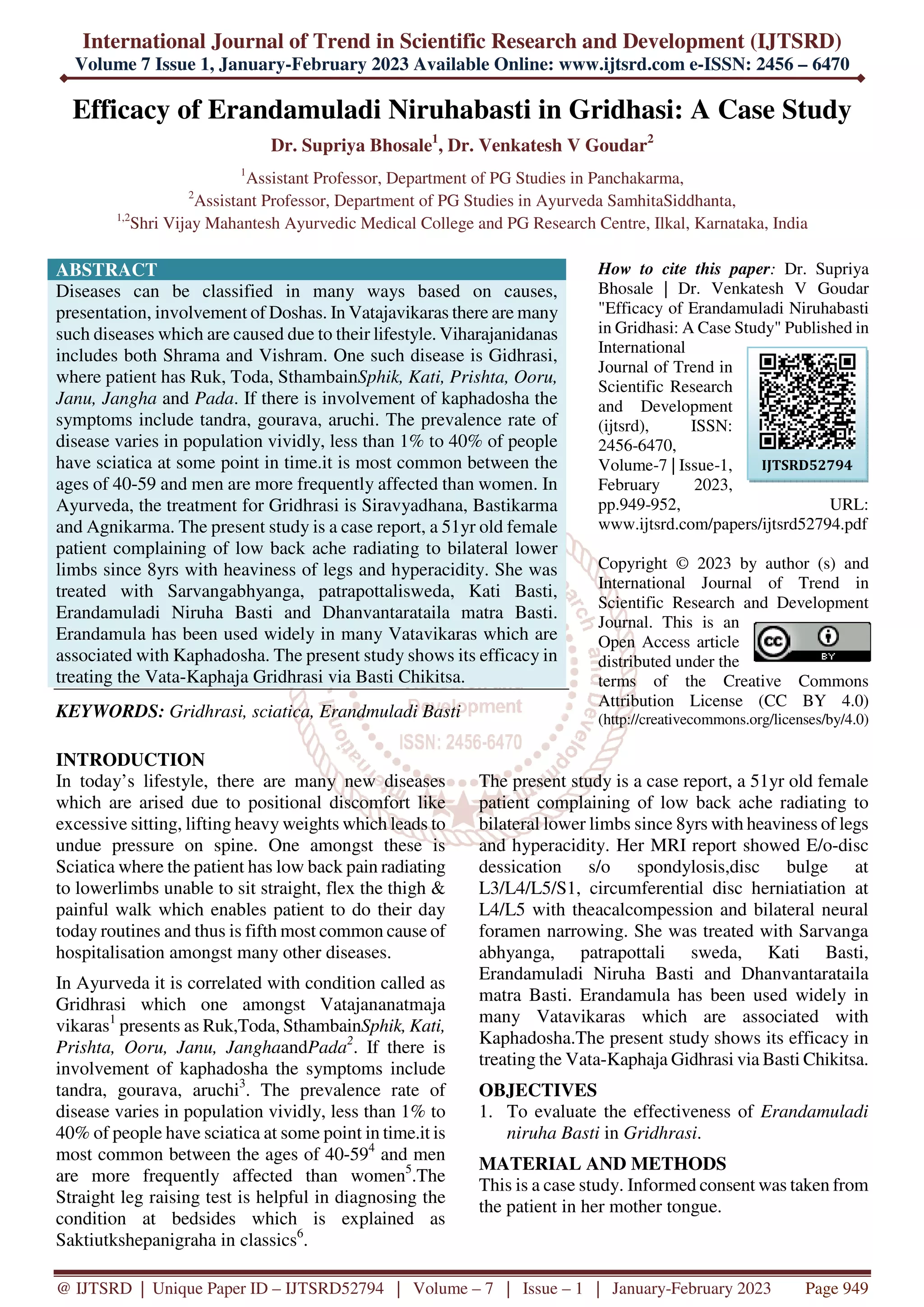 Efficacy of Erandamuladi Niruhabasti in Gridhasi A Case Study | PDF