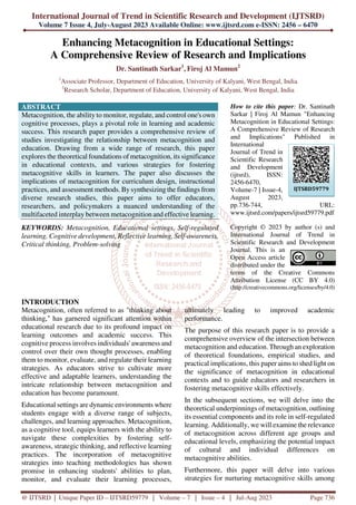 Enhancing Metacognition in Educational Settings A Comprehensive Review ...