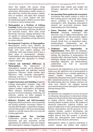 Enhancing Metacognition in Educational Settings A Comprehensive Review ...