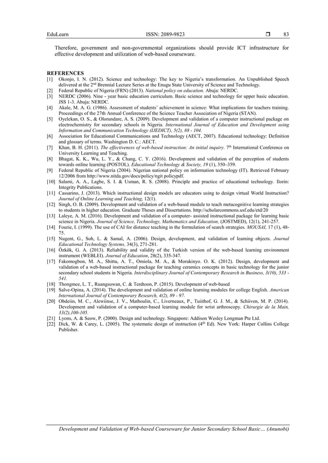 Development and Validation of Web-based Courseware for Junior Secondary School Basic Technology ...