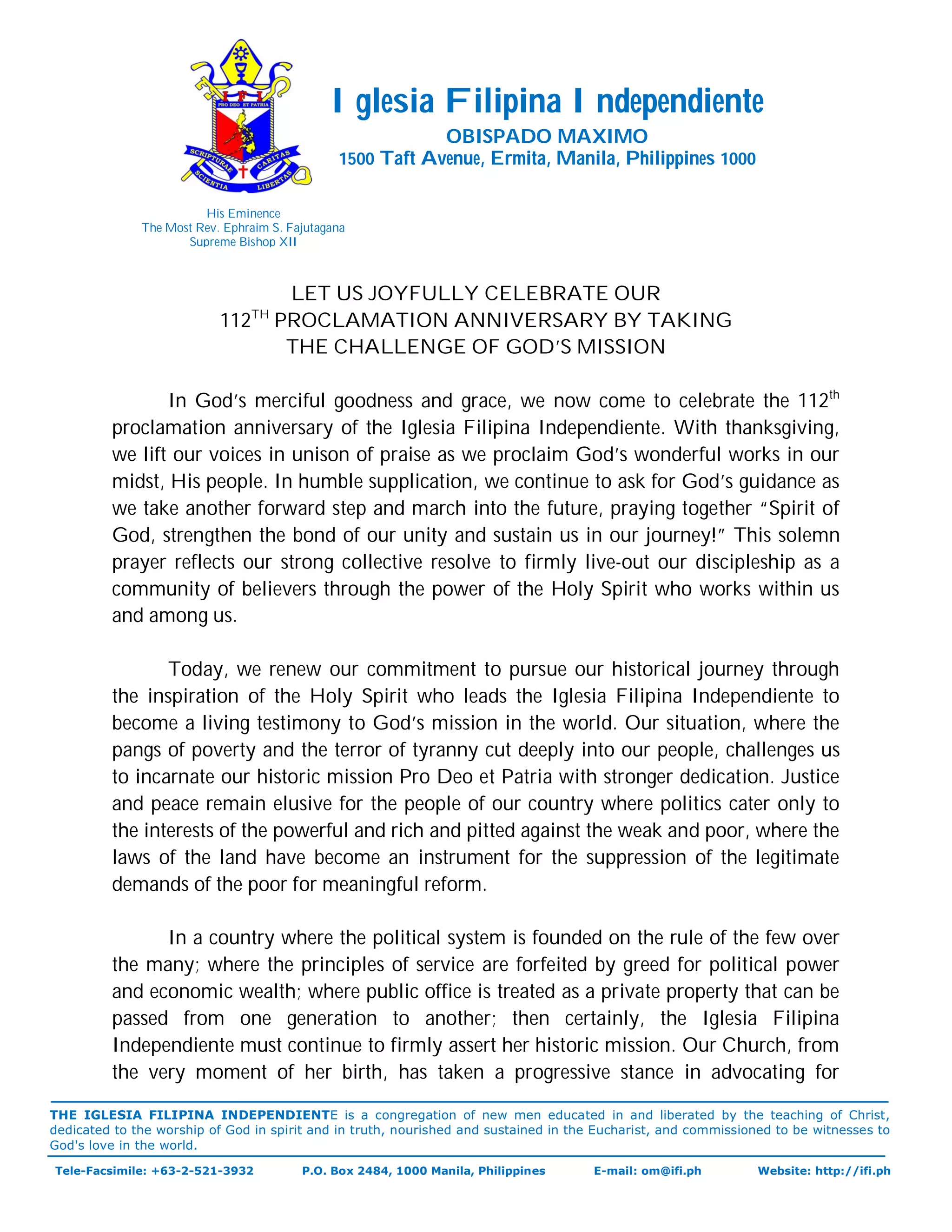112th ifi proclamation anniversary celebration message | PDF