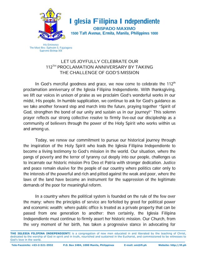 112th ifi proclamation anniversary celebration message | PDF ...