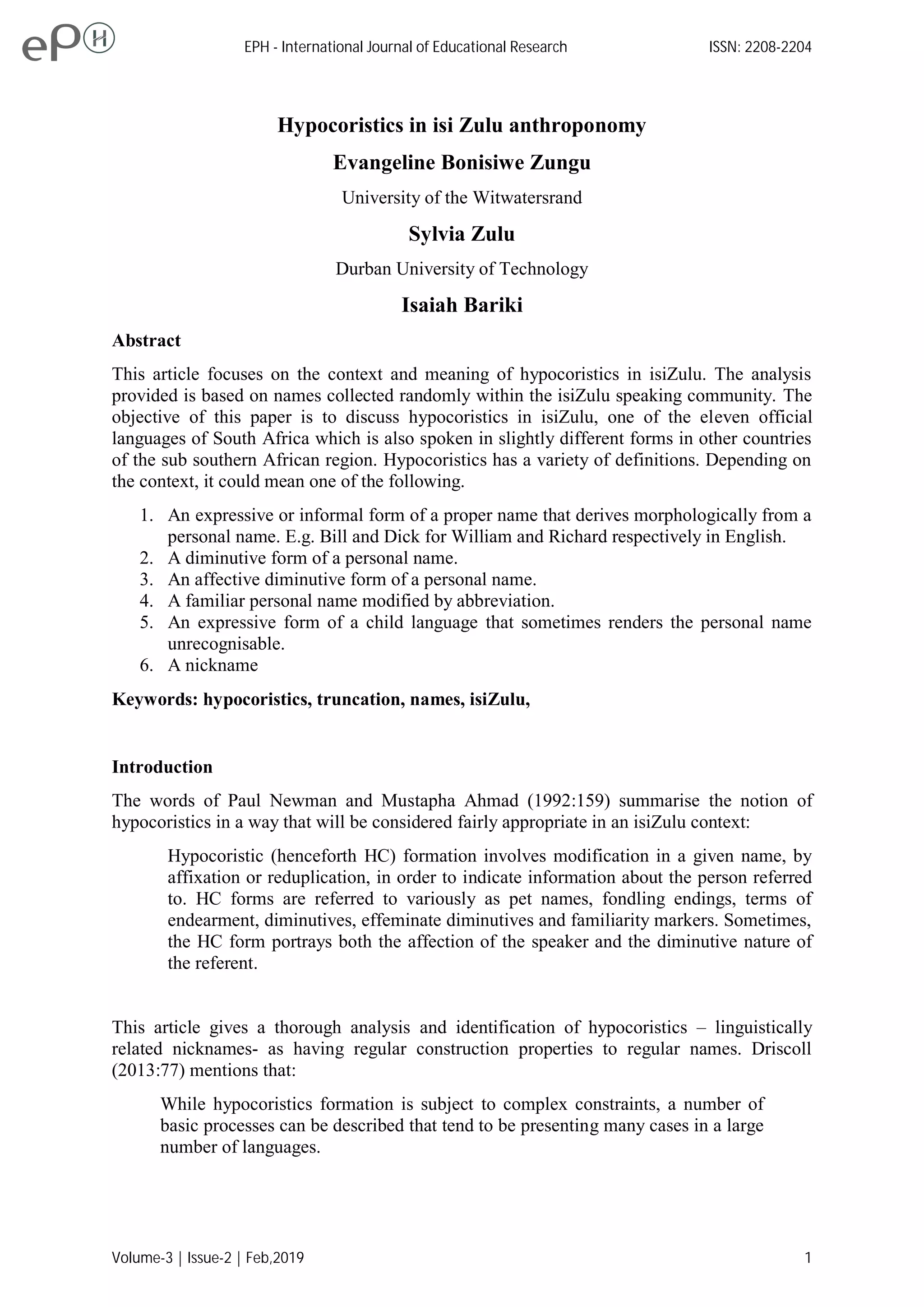 Hypocoristics in isi Zulu anthroponomy | PDF