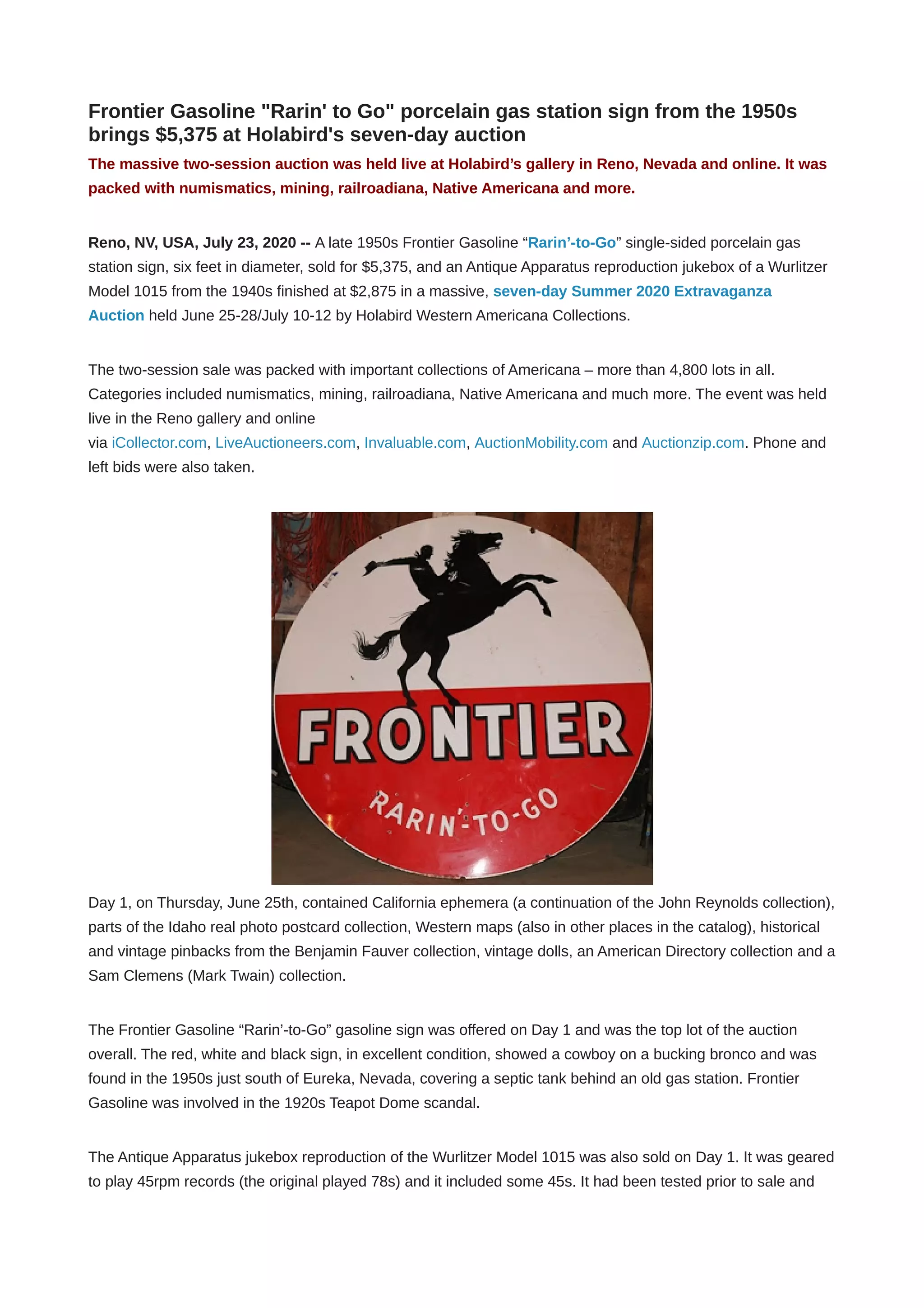 Frontier Gasoline "Rarin' to Go" porcelain gas station sign from the ...