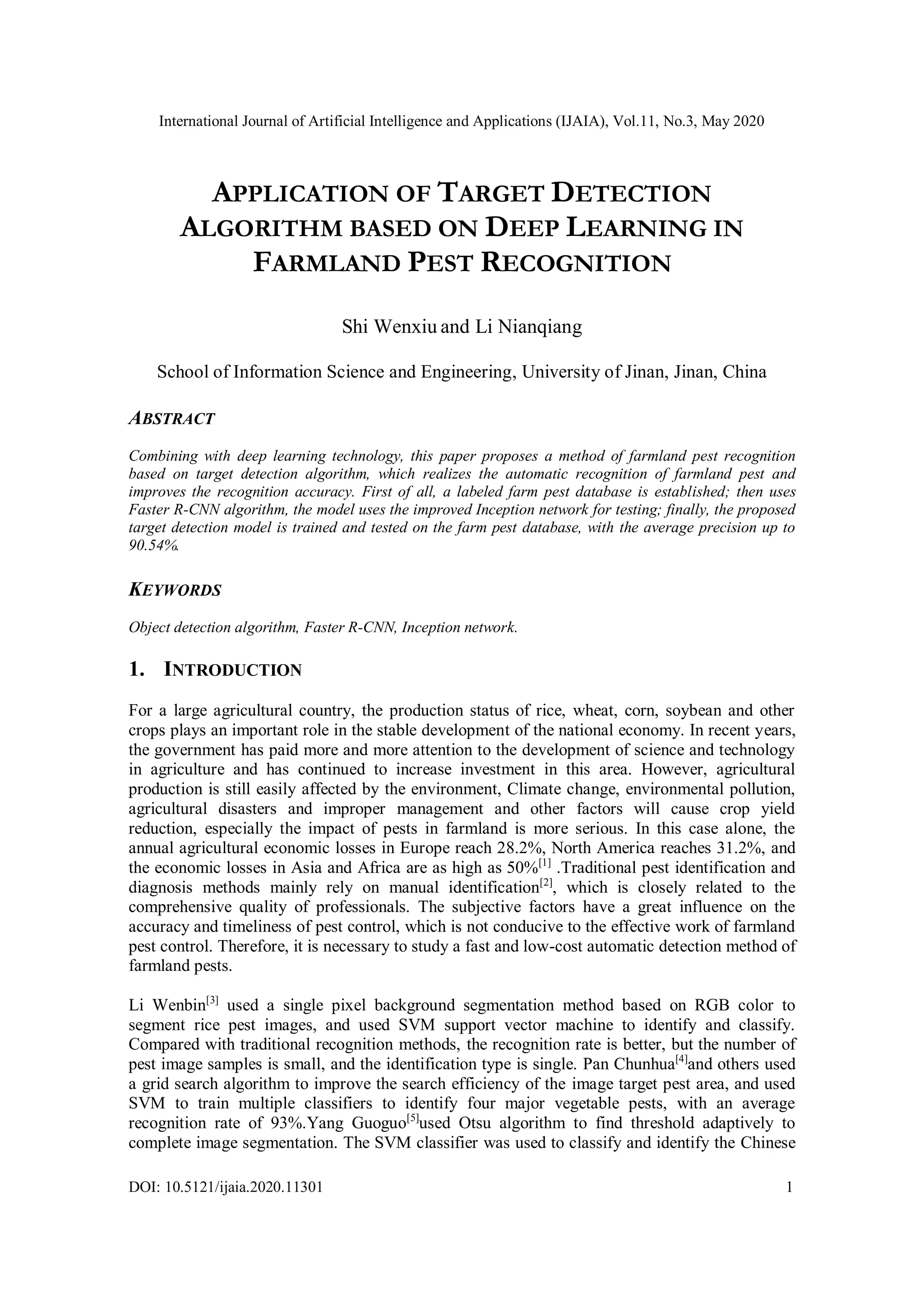 Application Of Target Detection Algorithm Based On Deep Learning In Farmland Pest Recognition Pdf