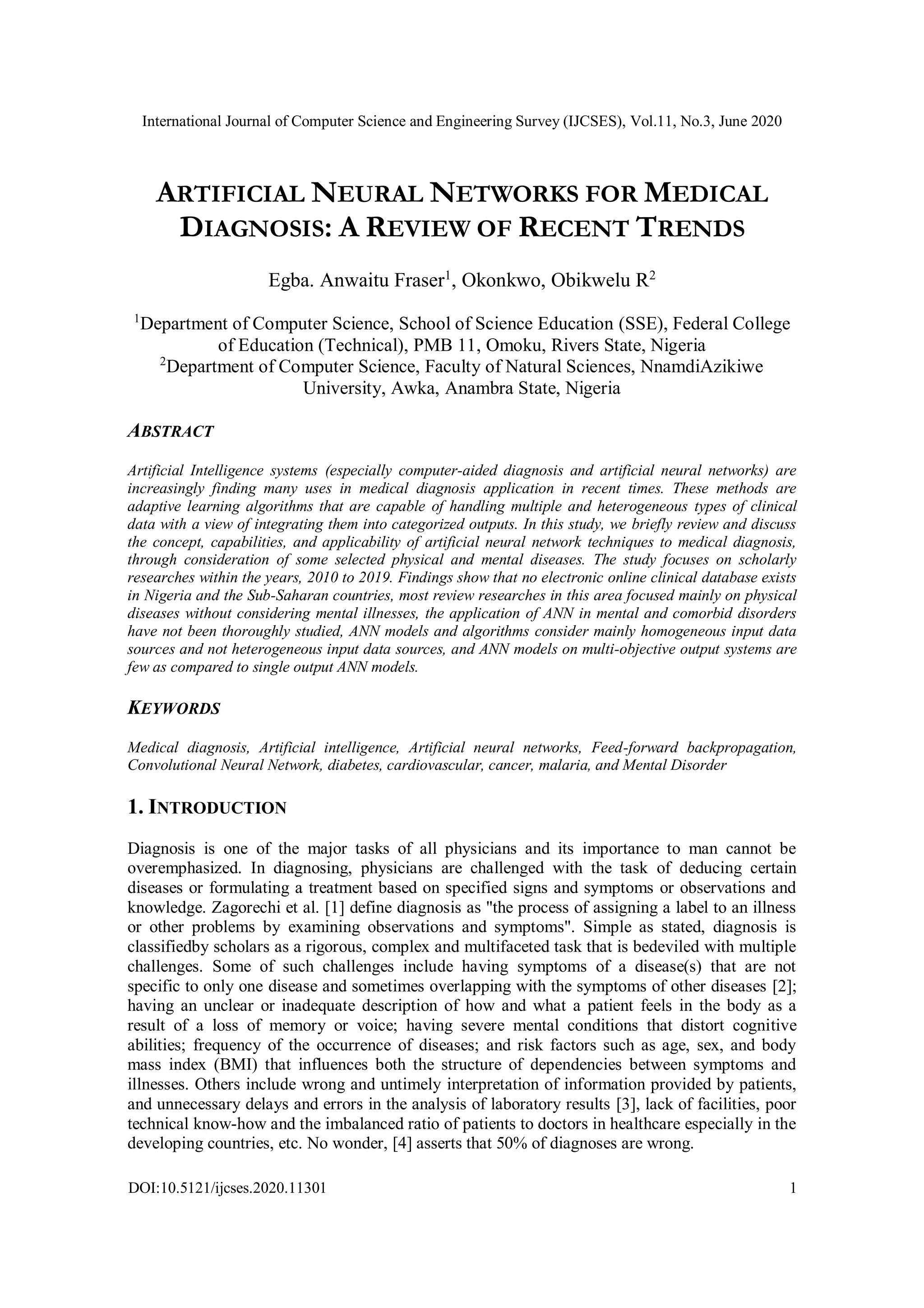 ARTIFICIAL NEURAL NETWORKS FOR MEDICAL DIAGNOSIS: A REVIEW OF RECENT TRENDS | PDF