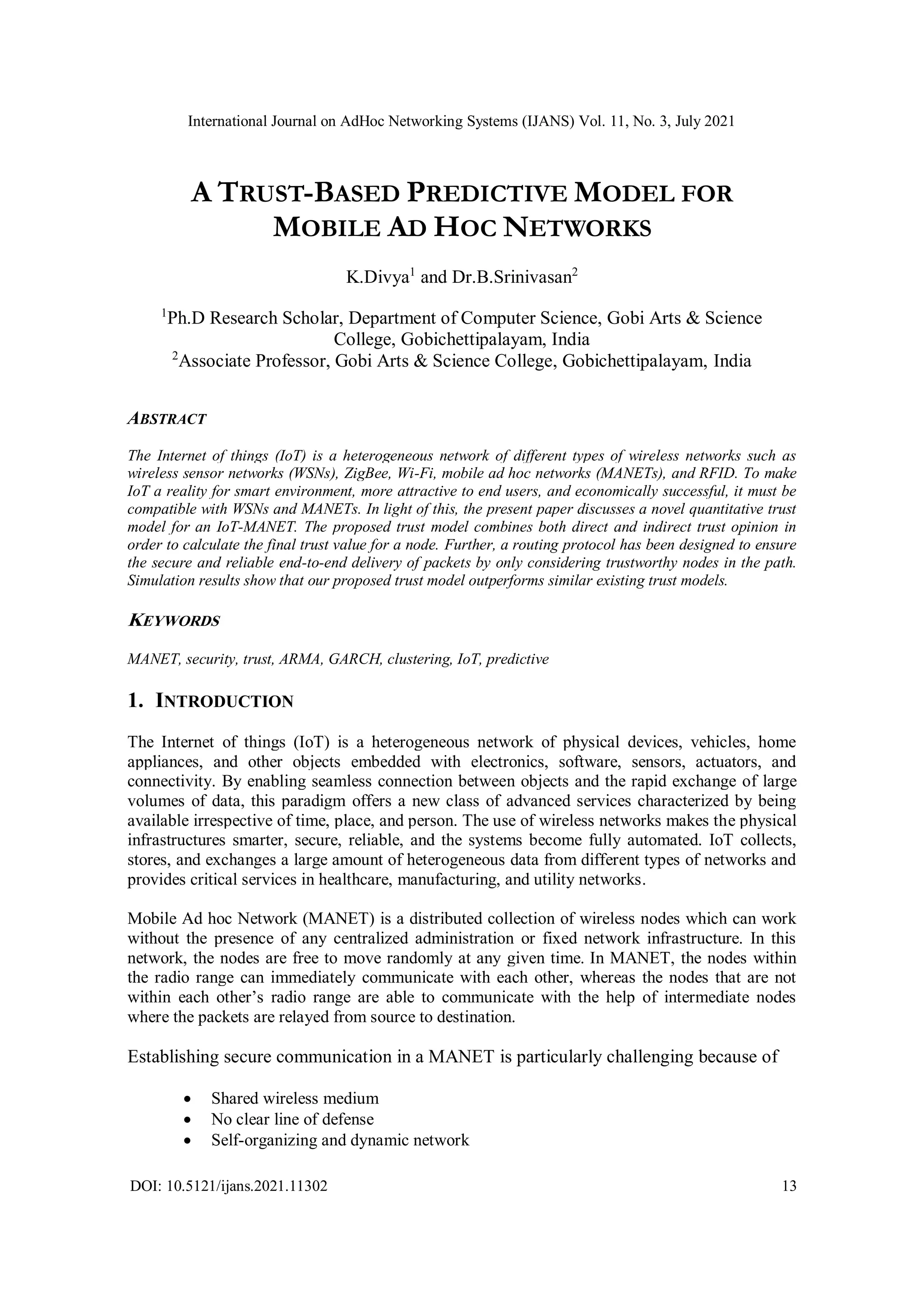 A Trust-Based Predictive Model for Mobile Ad Hoc Networks | PDF | Computer Networking | Computing