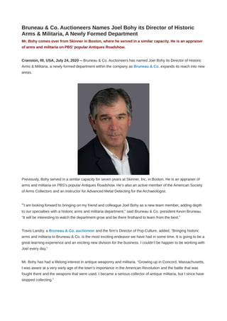 Bruneau & Co. Auctioneers Names Joel Bohy its Director of Historic Arms ...