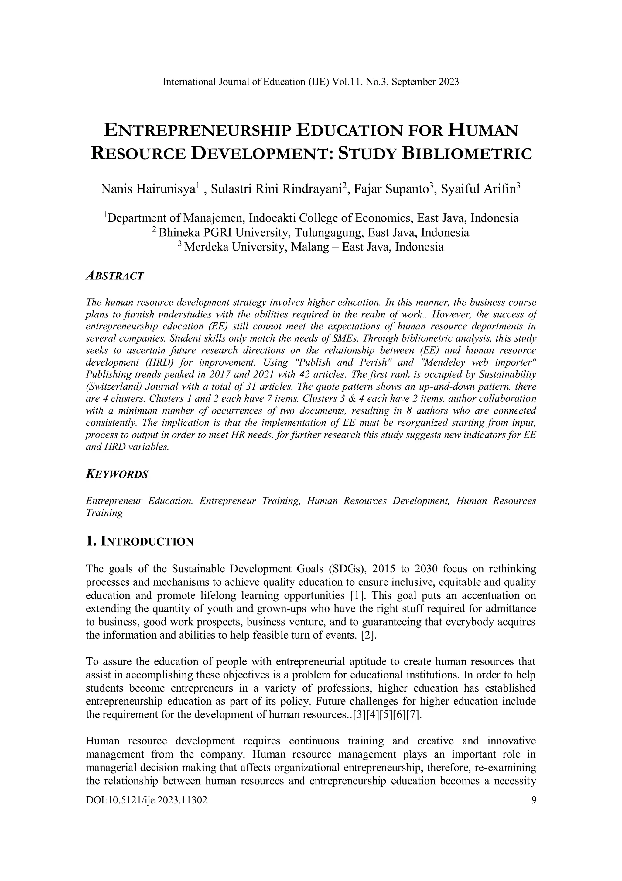 Entrepreneurship Education for Human Resource Development: Study ...