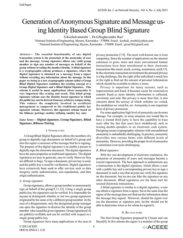 Generation of Anonymous Signature and Message using Identity Based ...