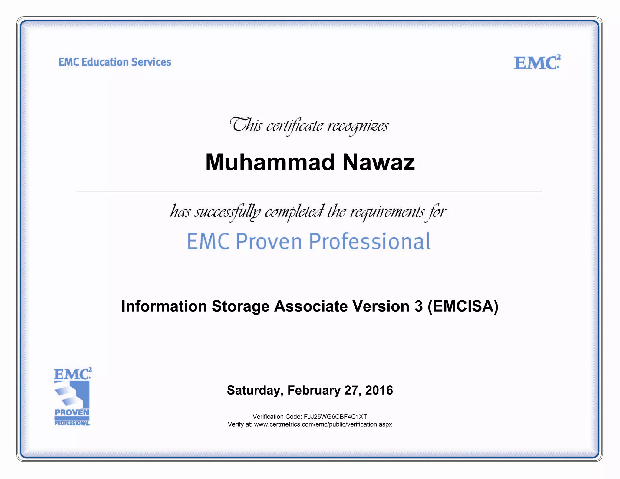 Information Storage Associate Version 3 (EMCISA) certificate | PDF