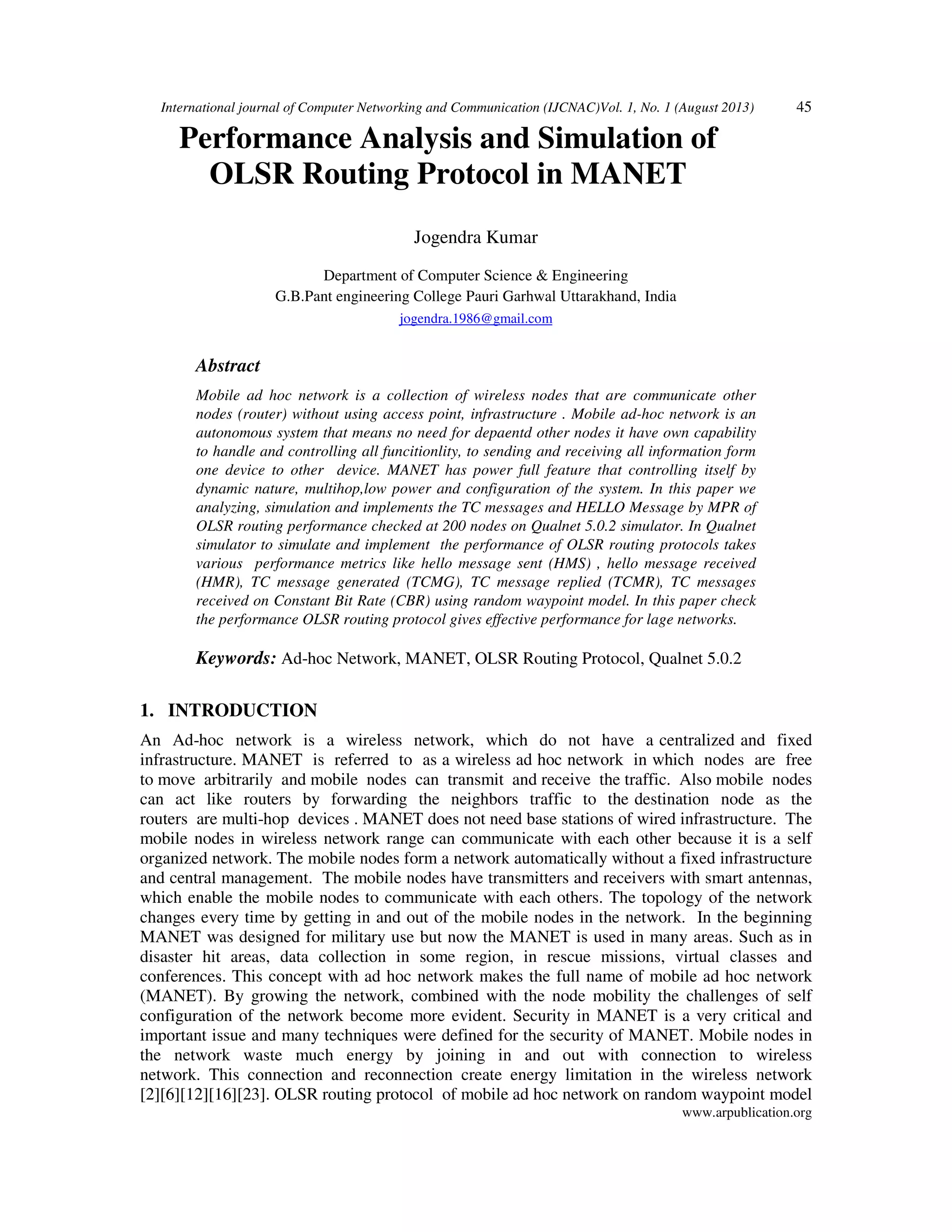 Performance Analysis And Simulation Of Olsr Routing Protocol In Manet Pdf