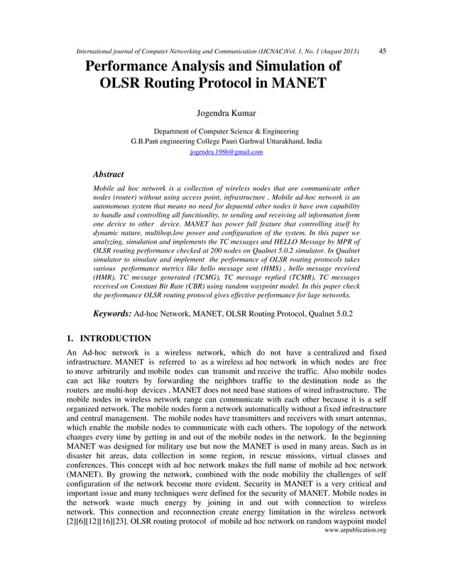 Performance Analysis And Simulation Of Olsr Routing Protocol In Manet Pdf