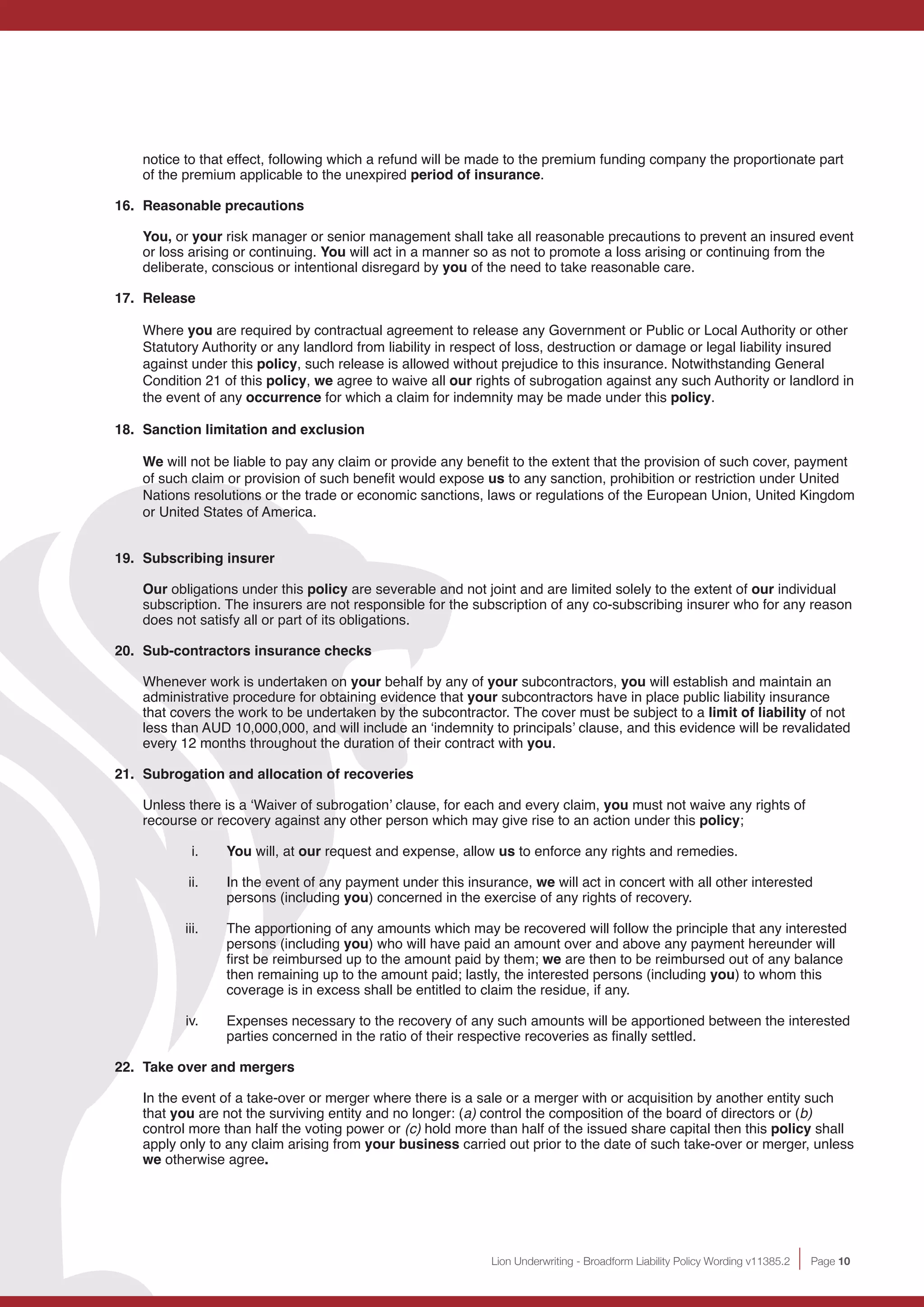 Lion Underwriting Broadform Liability Policy | PDF