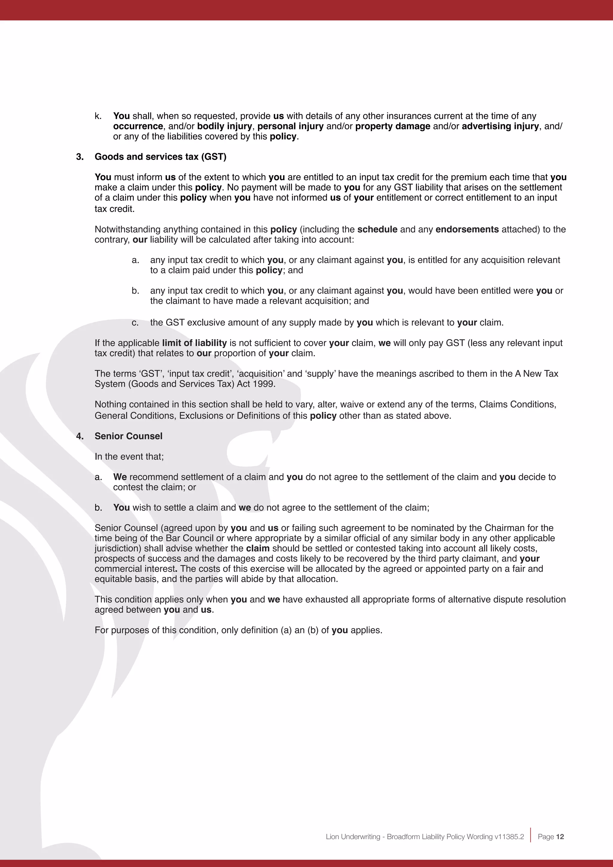 Lion Underwriting Broadform Liability Policy | PDF