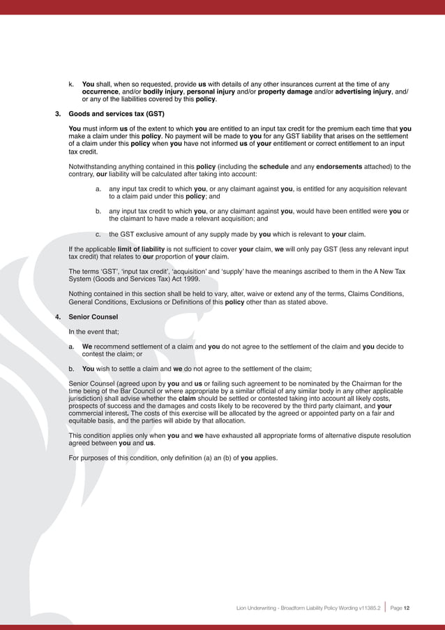 Lion Underwriting Broadform Liability Policy | PDF