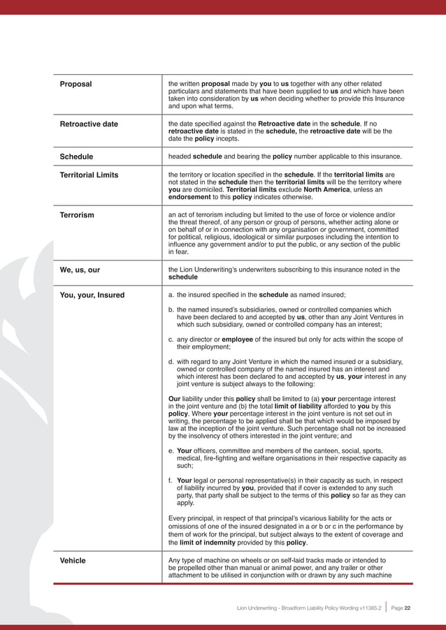 Lion Underwriting Broadform Liability Policy | PDF