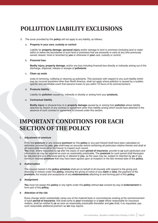 Lion Underwriting Broadform Liability Policy | PDF