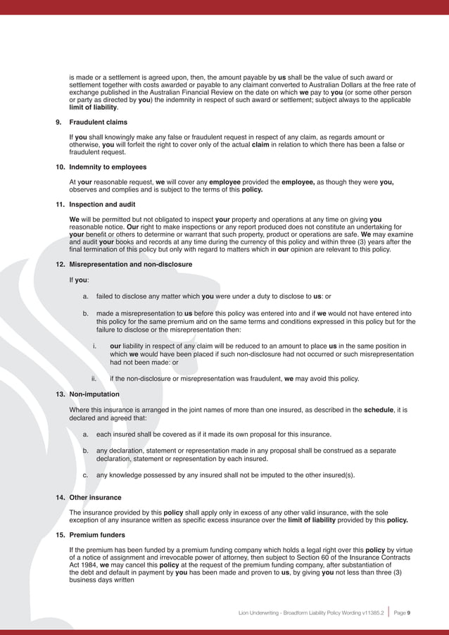Lion Underwriting Broadform Liability Policy | PDF
