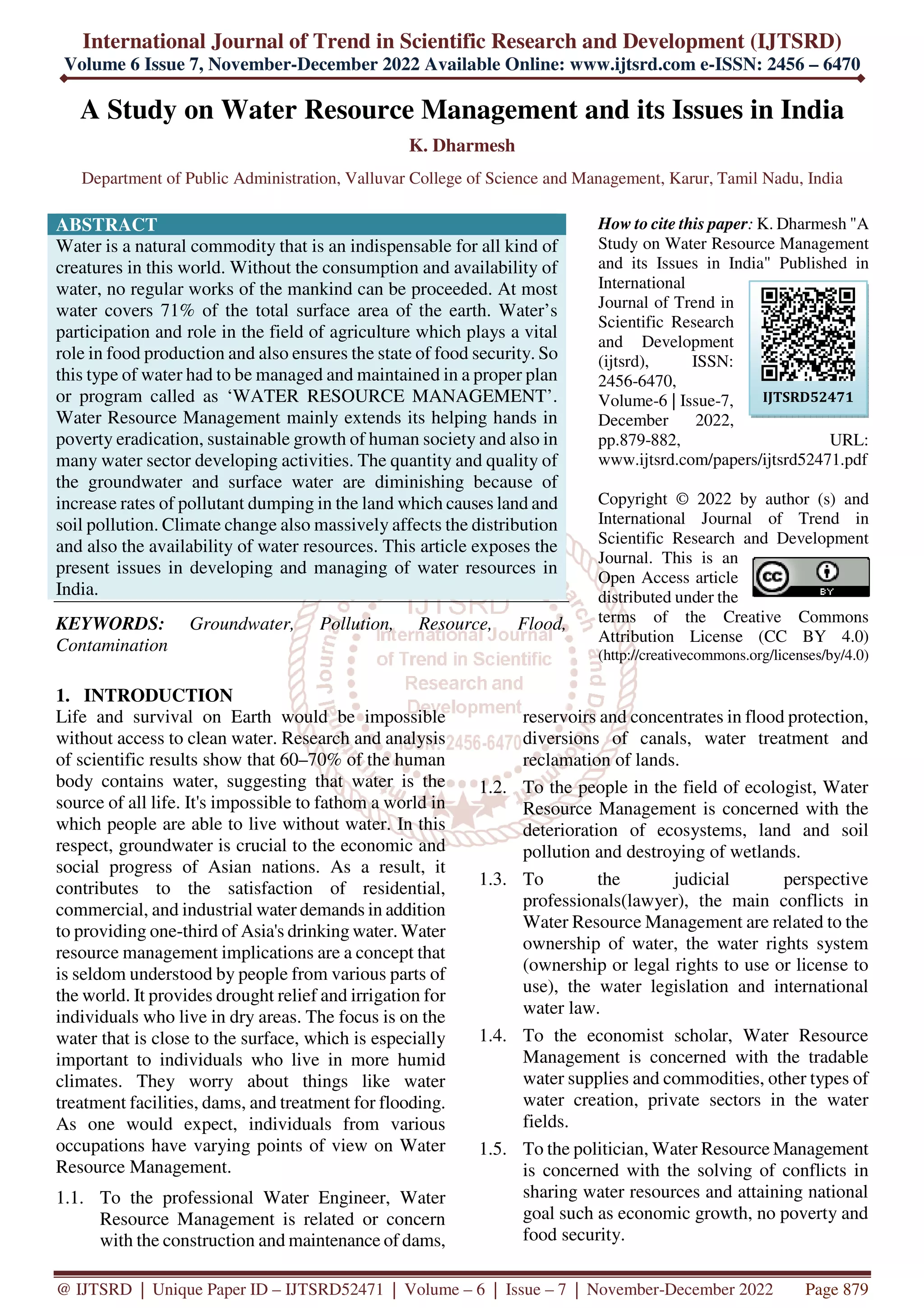 A Study on Water Resource Management and its Issues in India | PDF