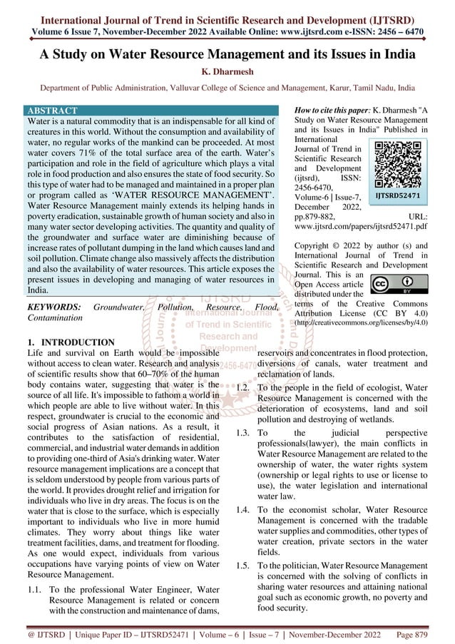 A Study on Water Resource Management and its Issues in India | PDF