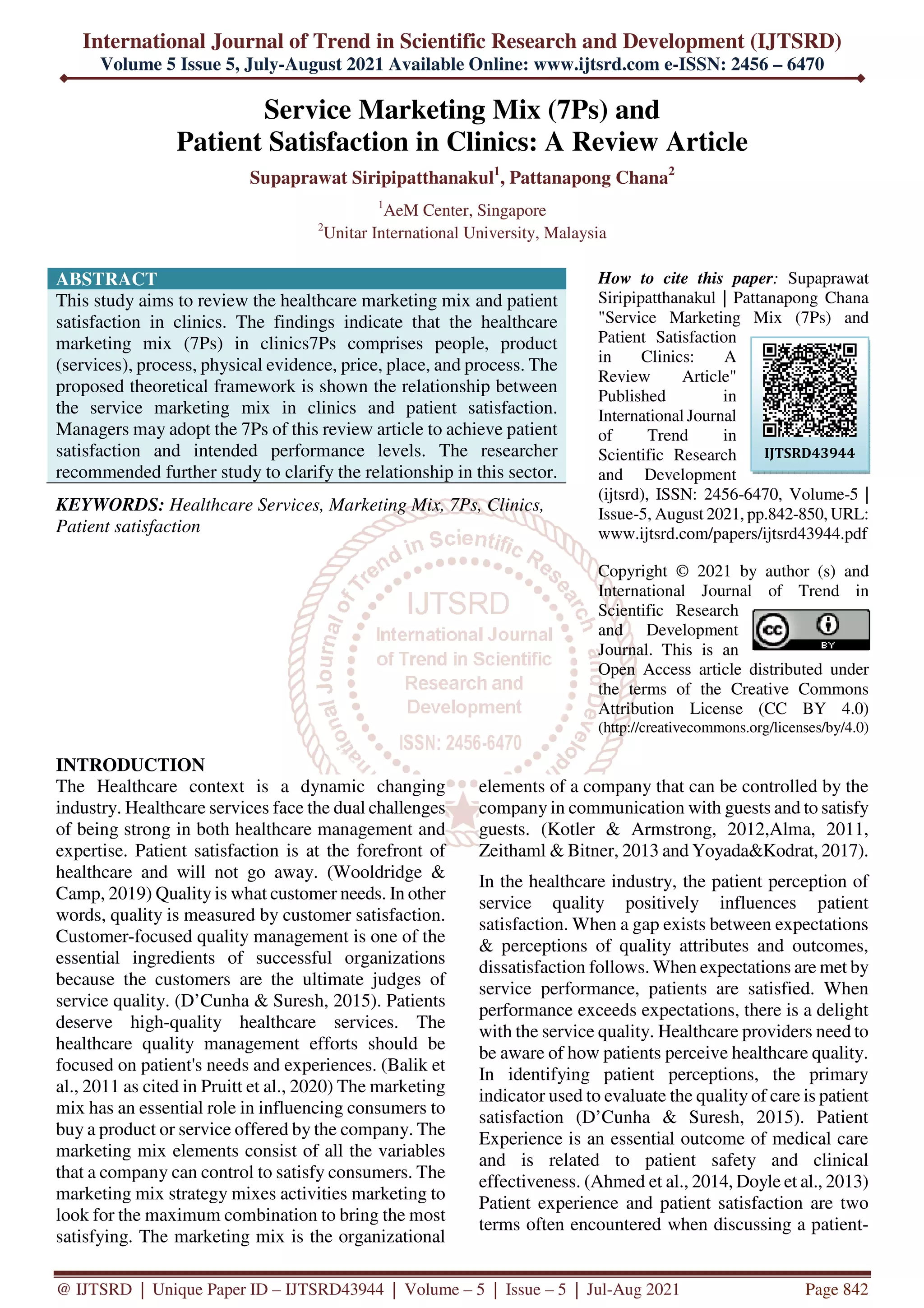 Service Marketing Mix 7Ps and Patient Satisfaction in Clinics A Review ...