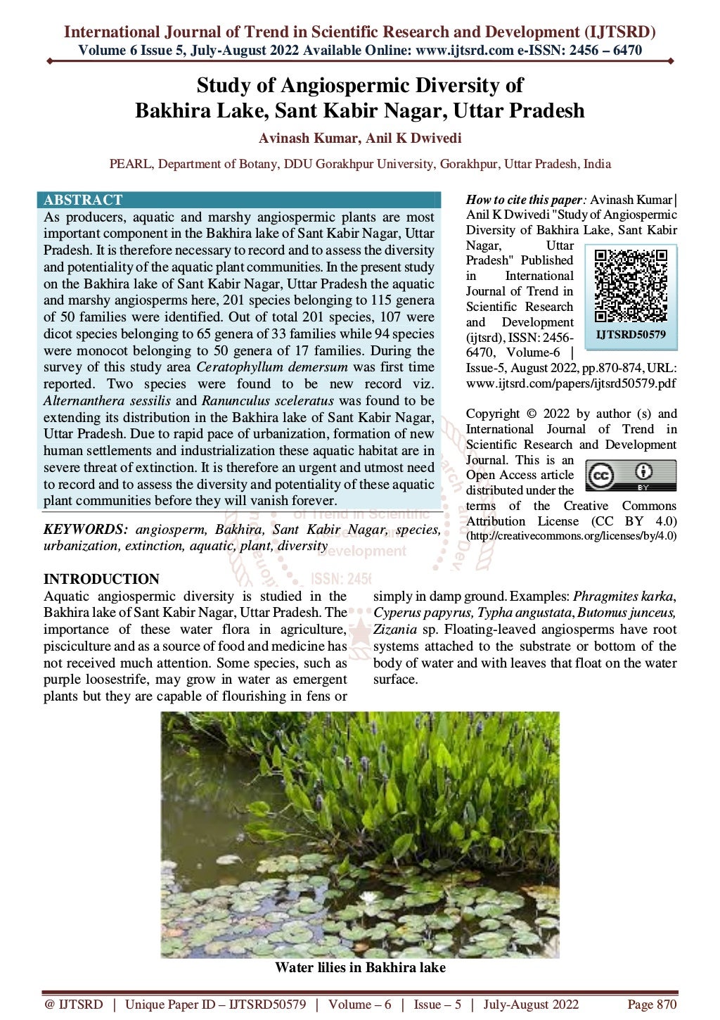 Study of Angiospermic Diversity of Bakhira Lake, Sant Kabir Nagar, Uttar Pradesh | PDF