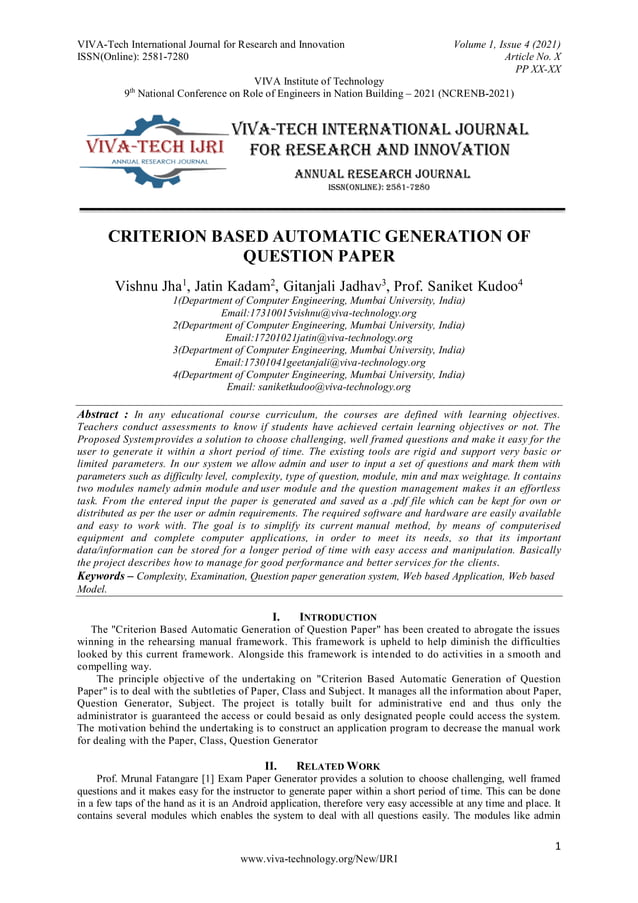 CRITERION BASED AUTOMATIC GENERATION OF QUESTION PAPER | PDF