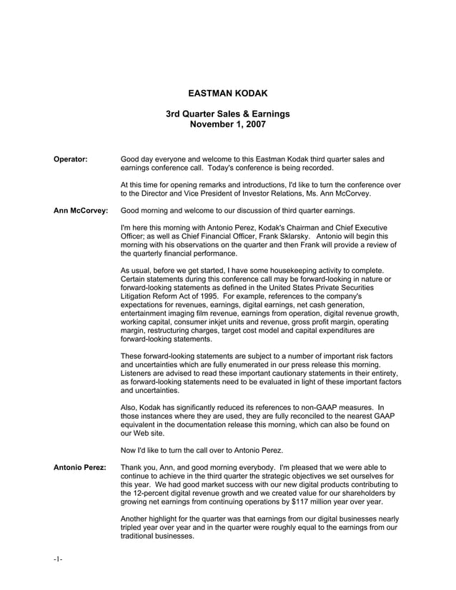 eastman kodak Transcript 3Q 2007 | PDF