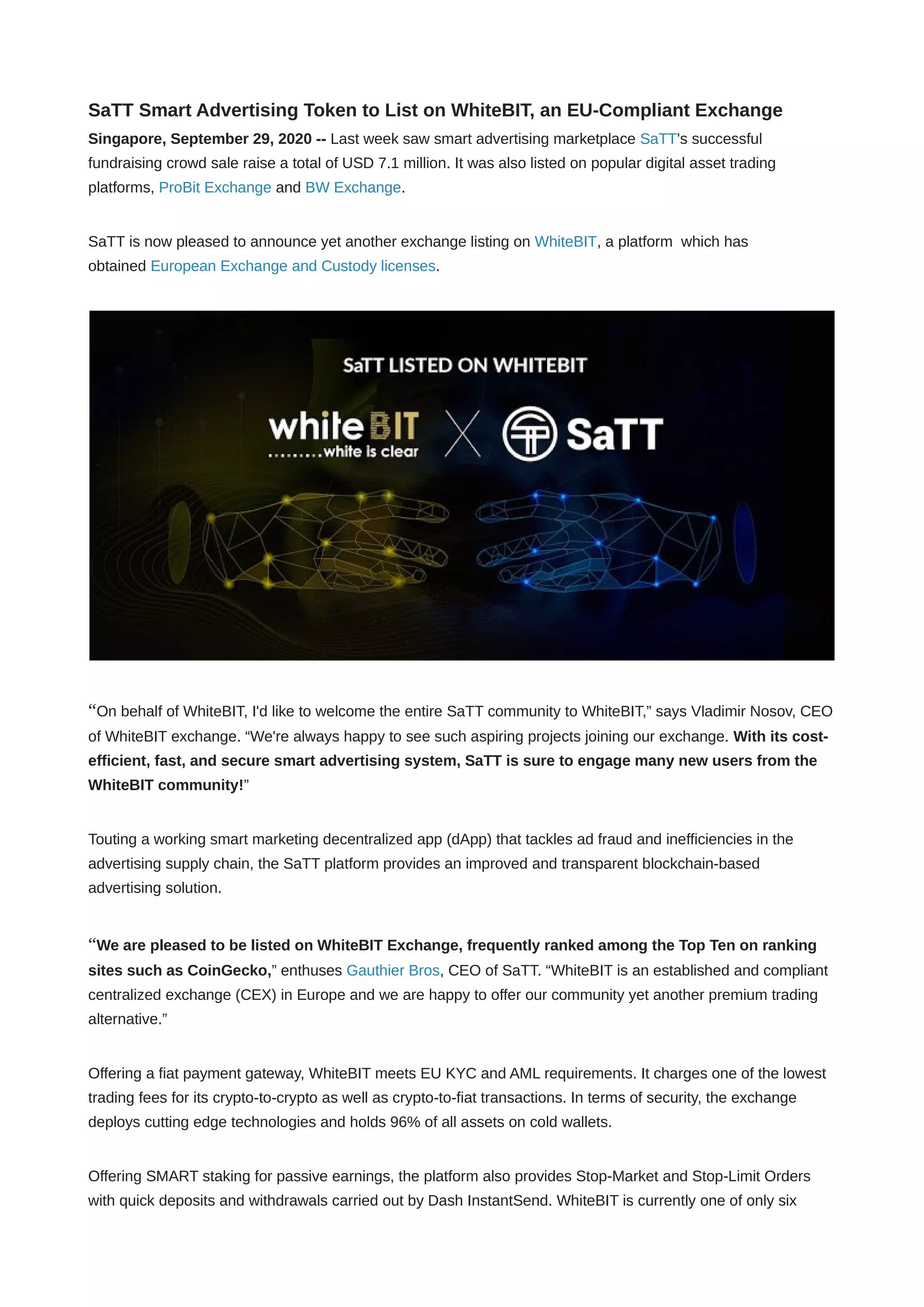 SaTT Smart Advertising Token to List on WhiteBIT, an EU-Compliant Exchange | PDF