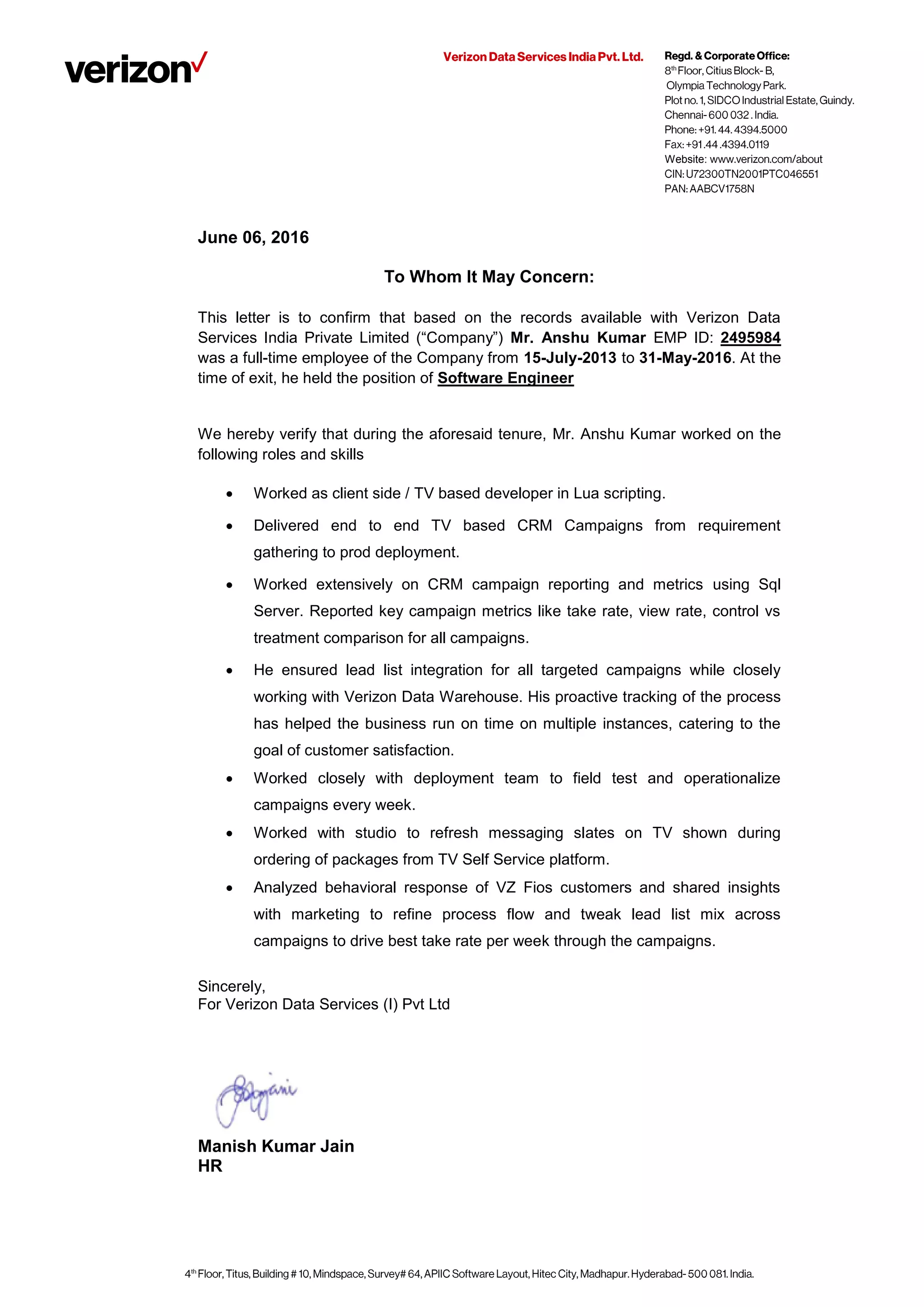 Experience Letter - Anshu Kumar | PDF | Computing | Technology & Computing