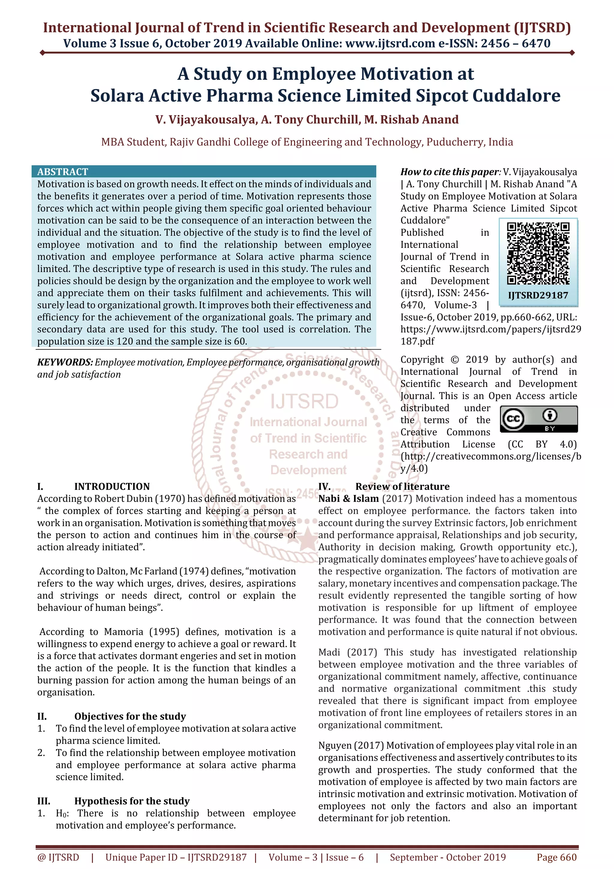 A Study on Employee Motivation at Solara Active Pharma Science Limited Sipcot Cuddalore | PDF